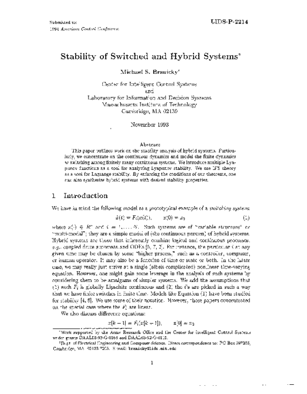 (PDF) Stability of switched and hybrid systems | Michael Branicky - Academia.edu