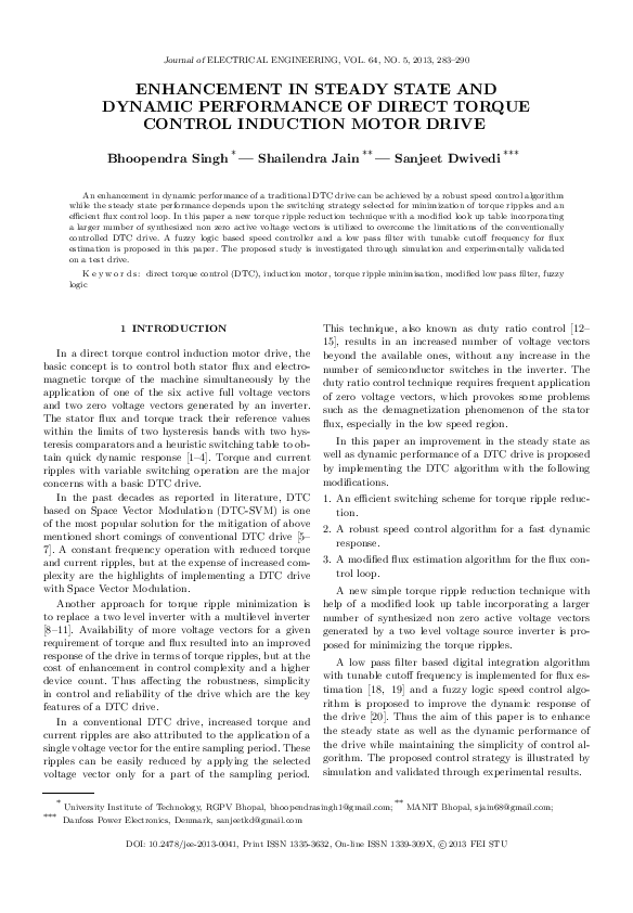 Pdf Enhancement In Steady State And Dynamic Performance Of Direct Torque Control Induction