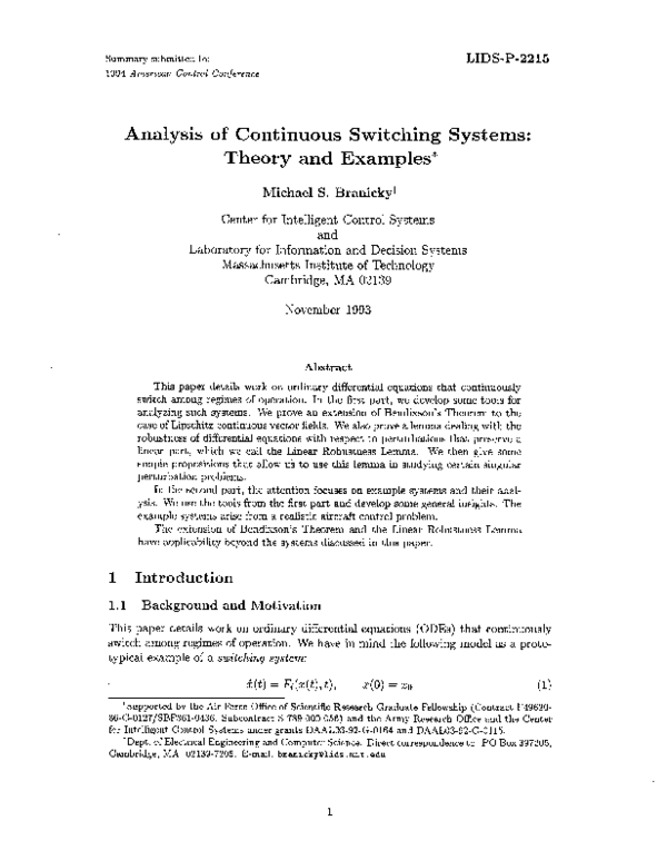 (PDF) Analyzing continuous switching systems: theory and examples