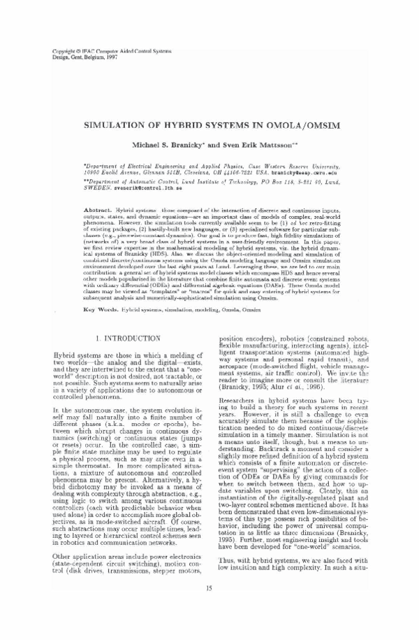 (PDF) Simulation of Hybrid Systems in Omola/Omsim