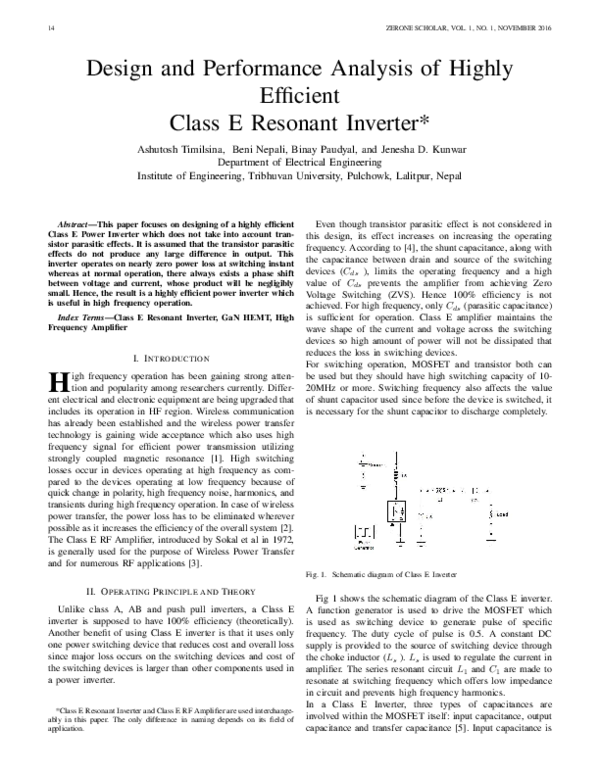 (PDF) Design and Performance Analysis of Highly Efﬁcient Class E Resonant Inverter