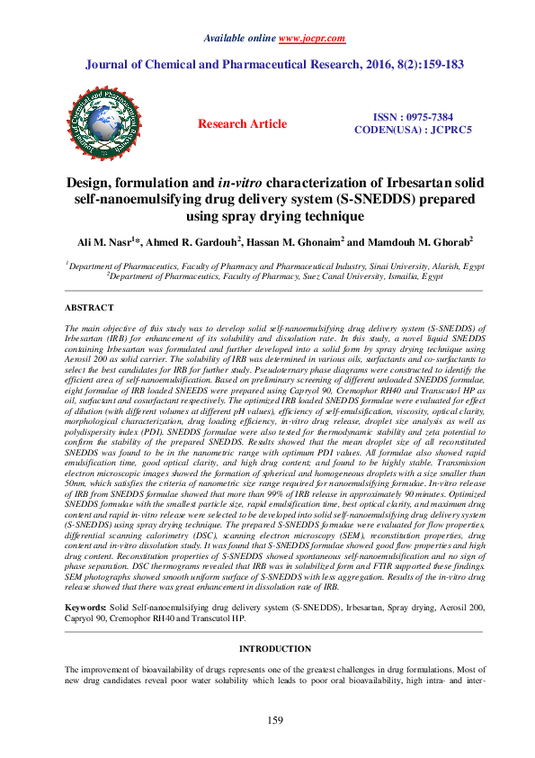 Pdf Design Formulation And In Vitro Characterization Of Irbesartan Solid Self Nanoemulsifying