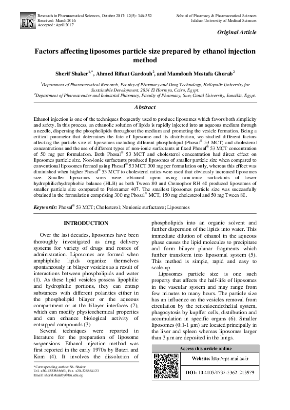 (PDF) Factors affecting liposomes particle size prepared by ethanol ...