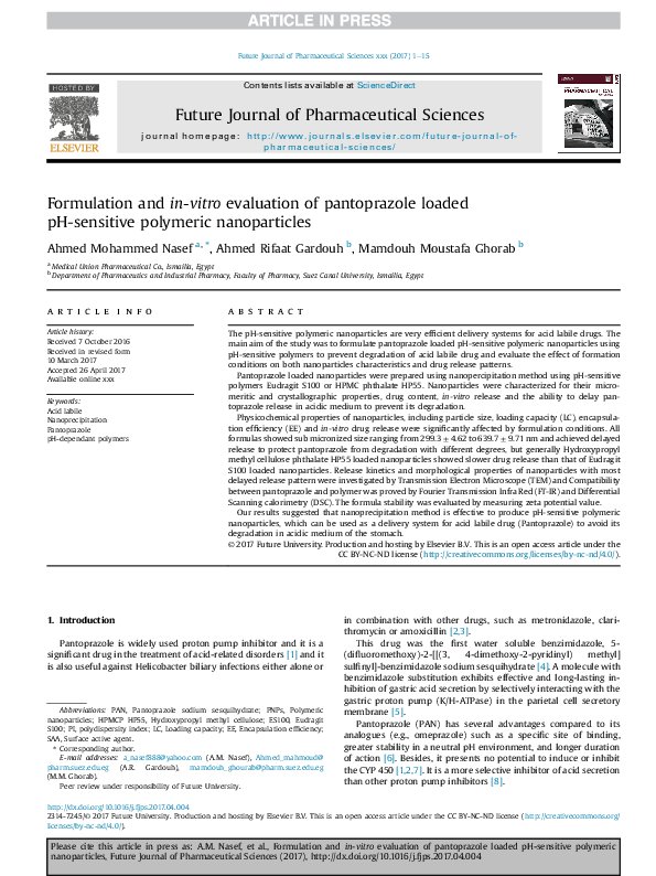 Pdf Formulation And In Vitro Evaluation Of Pantoprazole Loaded Ph Sensitive Polymeric