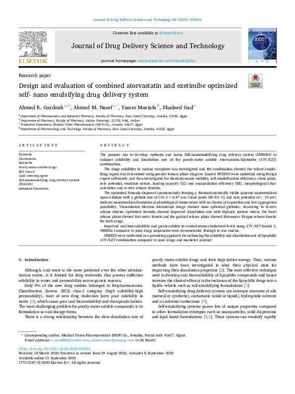 (PDF) Design and evaluation of combined atorvastatin and ezetimibe optimized self- nano ...
