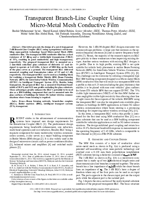 (PDF) Transparent Branch-Line Coupler Using Micro-Metal Mesh Conductive Film