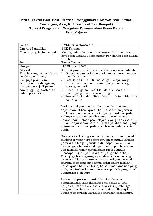(PDF) Praktik Baik (Best Practice) Menggunakan Metode Star (Situasi ...