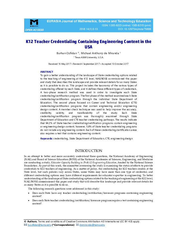 (PDF) K12 Teacher Credentialing Containing Engineering Content in the USA