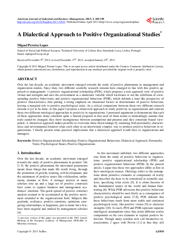 (PDF) A Dialectical Approach to Positive Organizational Studies