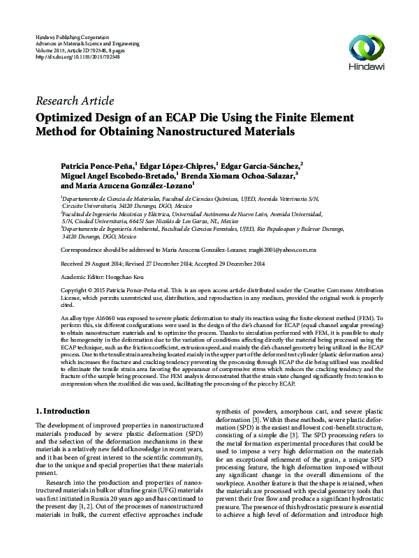 (PDF) Optimized Design of an ECAP Die Using the Finite Element Method for Obtaining ...