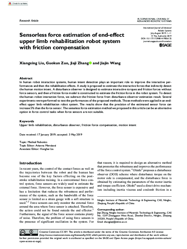 Pdf Sensorless Force Estimation Of End Effect Upper Limb Rehabilitation Robot System With