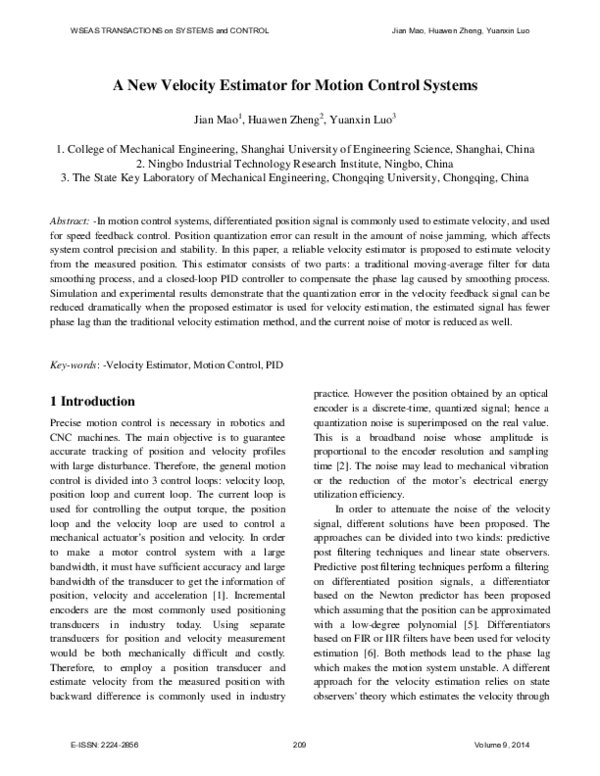 (PDF) A New Velocity Estimator for Motion Control Systems