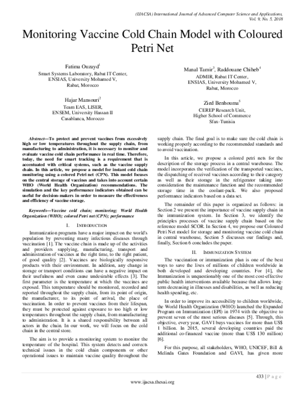 (PDF) Monitoring Vaccine Cold Chain Model with Coloured Petri Net | Manal TAMIR - Academia.edu