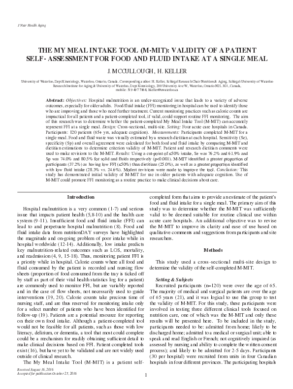 (PDF) The My Meal Intake Tool (M-MIT): Validity of a Patient Self ...