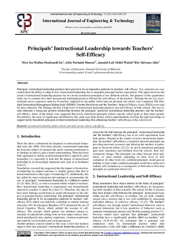 (PDF) Principals’ Instructional Leadership towards Teachers' Self-Efficacy