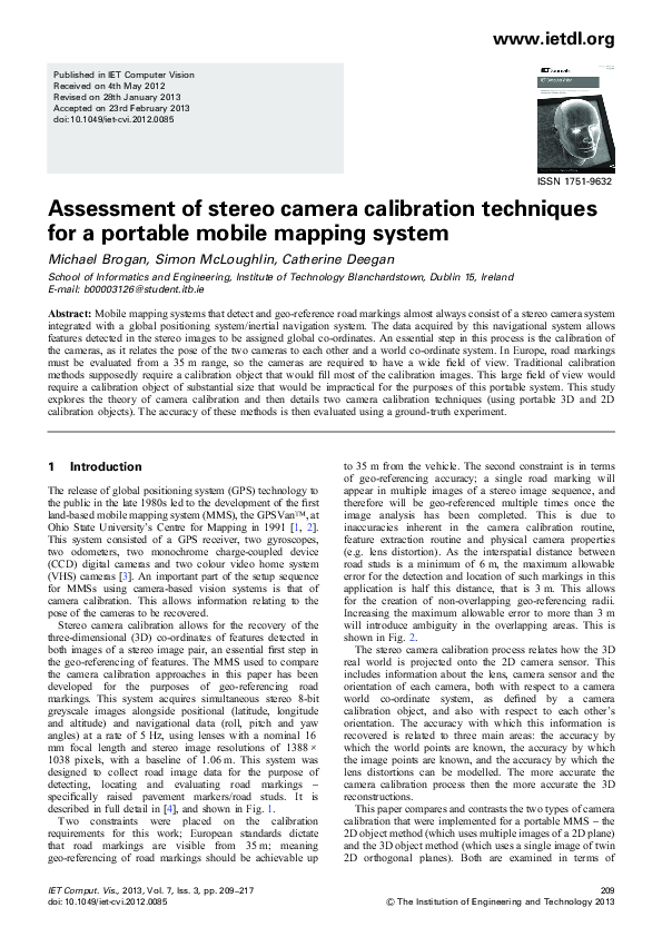 Pdf Assessment Of Stereo Camera Calibration Techniques For A Portable Mobile Mapping System