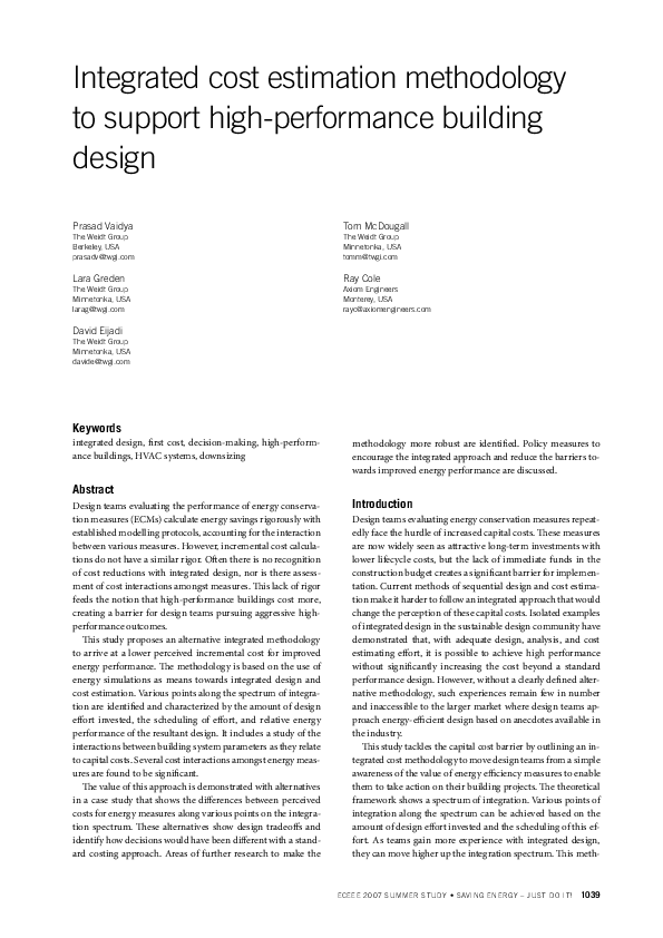 (PDF) Integrated cost-estimation methodology to support high-performance building design