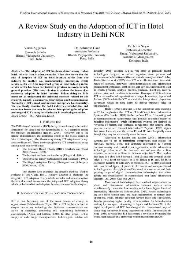 (PDF) A Review Study on the Adoption of ICT in Hotel Industry in Delhi NCR