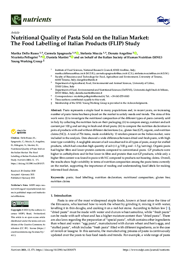 (PDF) Nutritional Quality of Pasta Sold on the Italian Market: The Food ...