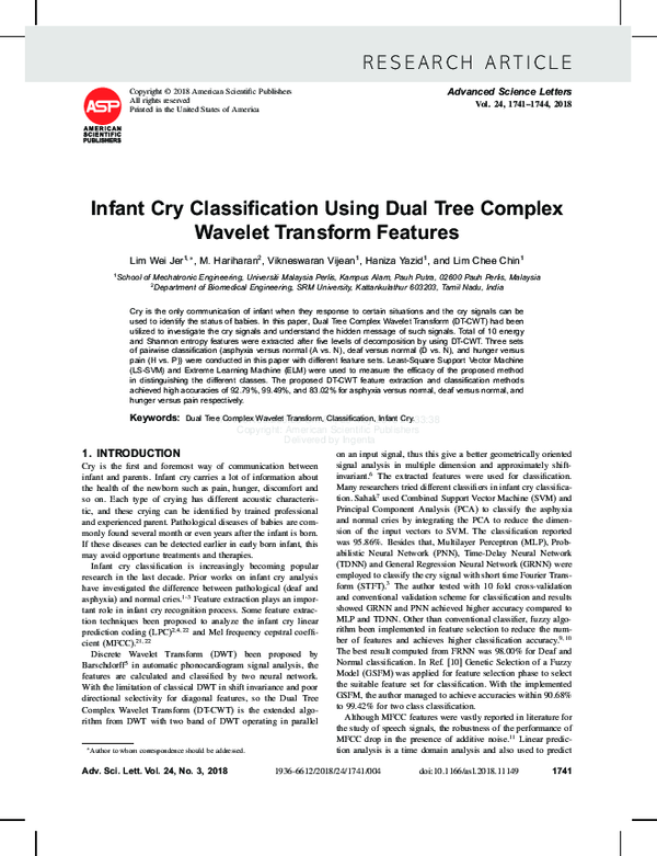 (PDF) Infant Cry Classification Using Dual Tree Complex Wavelet Transform Features