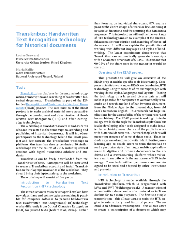 (PDF) Transkribus: Handwritten Text Recognition technology for historical documents