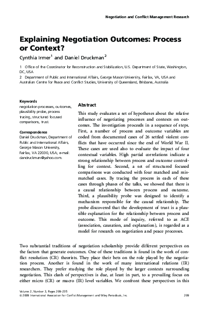 Pdf Explaining Negotiation Outcomes Process Or Context Daniel