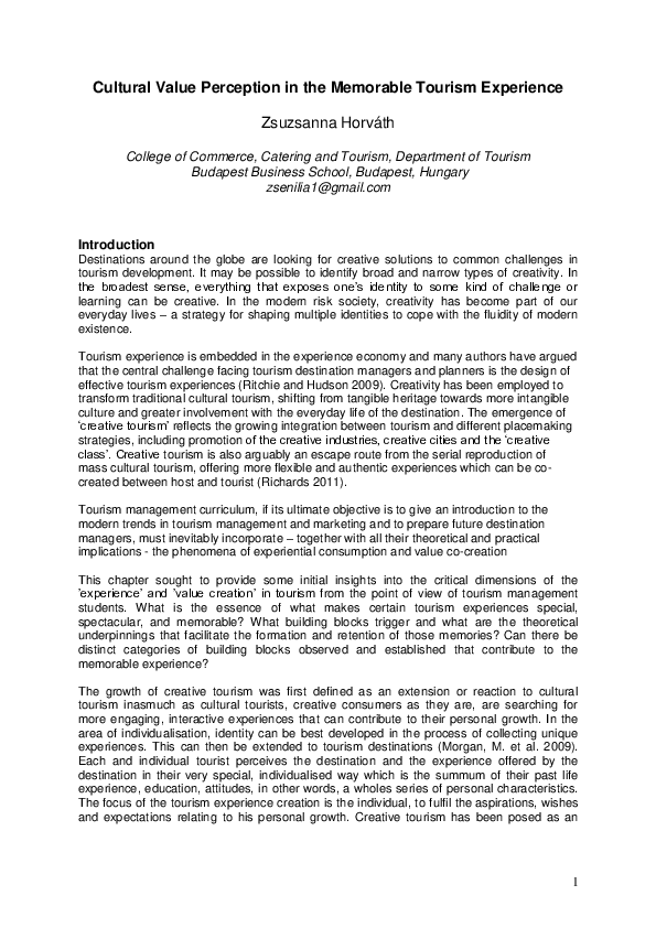 (PDF) Cultural Value Perception in the Memorable Tourism Experience