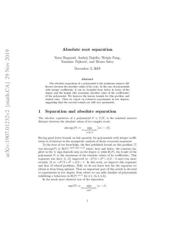 (PDF) Improved Bounds on Polynomial Root Separation