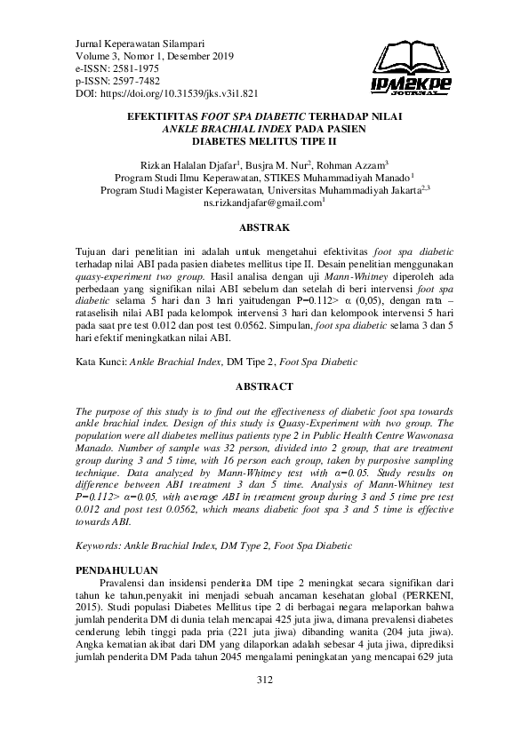 (PDF) Efektifitas Foot Spa Diabetic terhadap Nilai Ankle Brachial Index ...