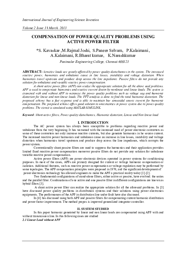 (PDF) Compensation of Power Quality Problems Using Active Power Filter