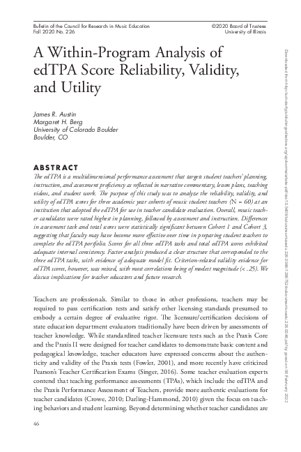 (PDF) A Within-Program Analysis of edTPA Score Reliability, Validity, and Utility
