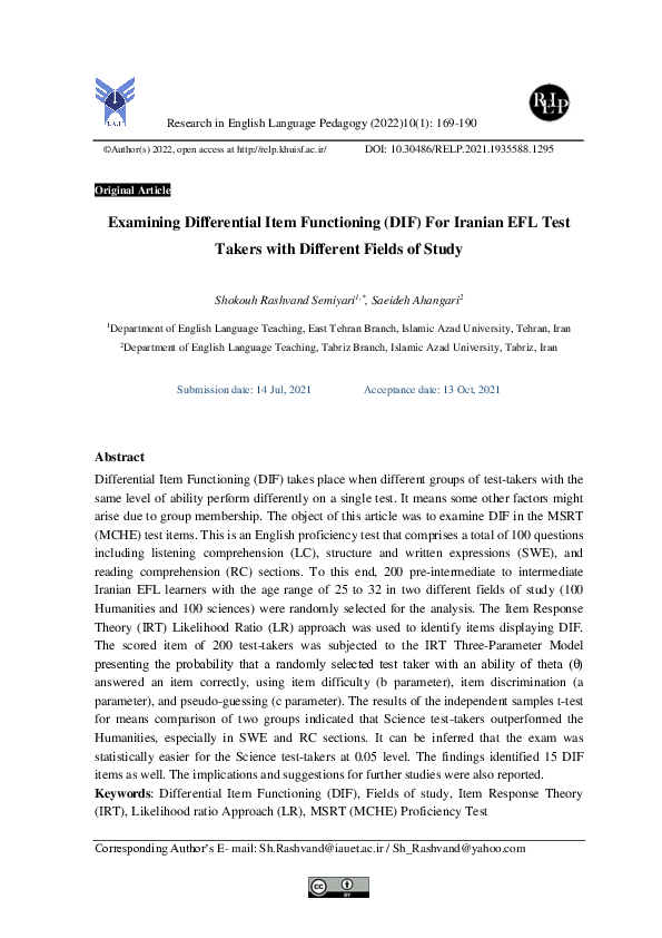(PDF) Examining Differential Item Functioning (DIF) For Iranian EFL ...