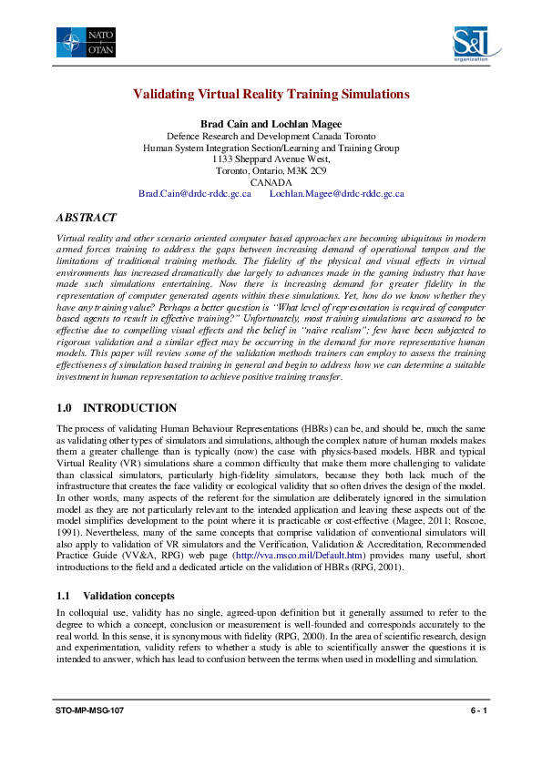 (PDF) Validating Virtual Reality Training Simulations