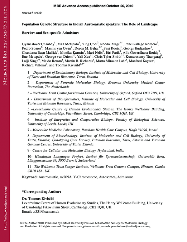(PDF) Research Article Population Genetic Structure in Indian Austroasiatic speakers: The Role ...