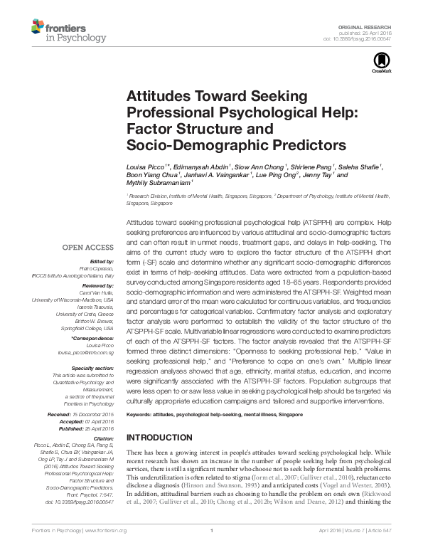 (PDF) Attitudes Toward Seeking Professional Psychological Help Scale--Short Form; Latino Version