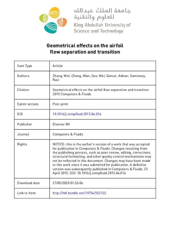 Pdf Geometrical Effects On The Airfoil Flow Separation And Transition 0464