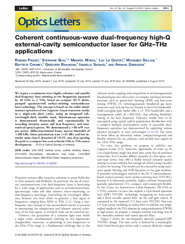 Pdf Coherent Continuous Wave Dual Frequency High Q External Cavity Semiconductor Laser For Ghz