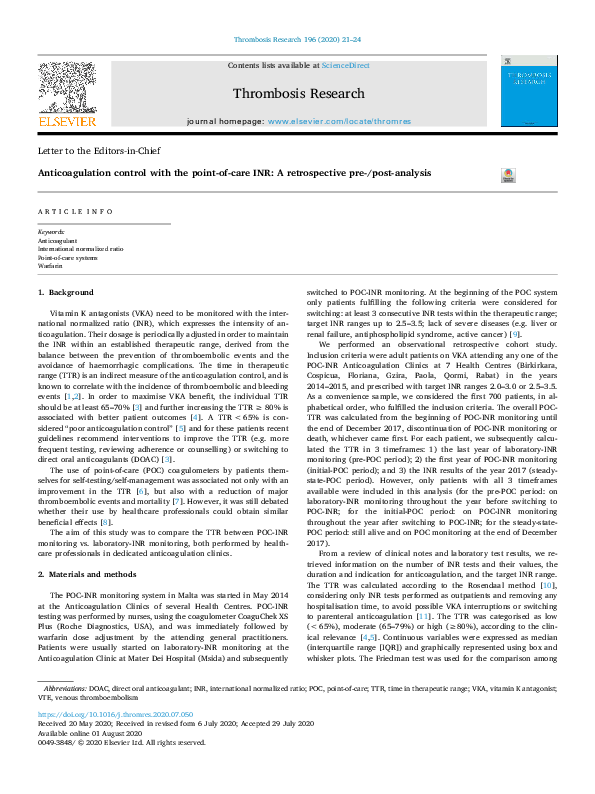 (PDF) Anticoagulation control with the point-of-care INR: A ...