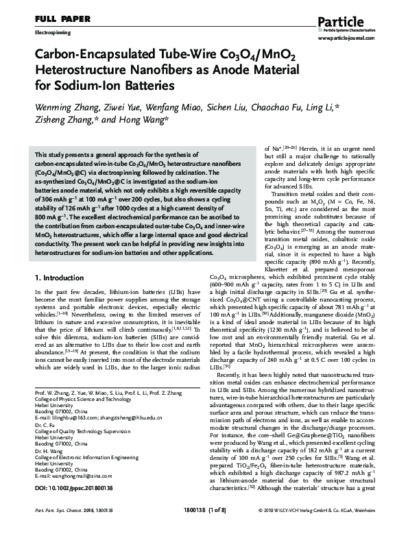 (PDF) Carbon-Encapsulated Tube-Wire Co3 O4 /MnO2 Heterostructure Nanofibers as Anode Material ...