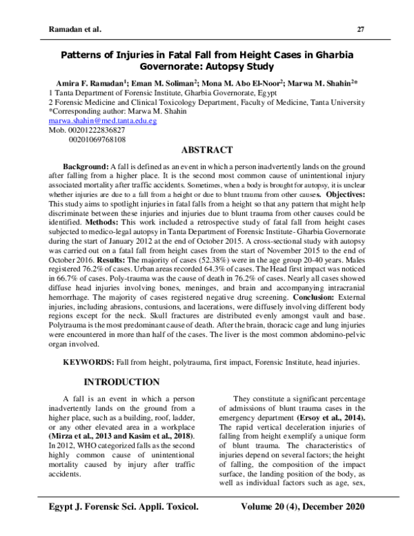 (PDF) Patterns of Injuries in Fatal Fall from Height Cases in Gharbia ...