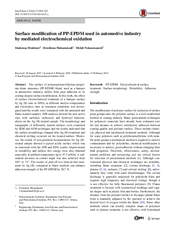 (PDF) Surface modification of PP-EPDM used in automotive industry by ...