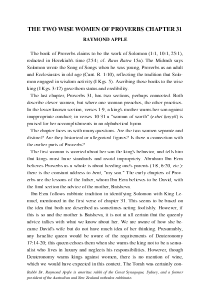 (PDF) The Two Wise Women of Proverbs Chapter 31