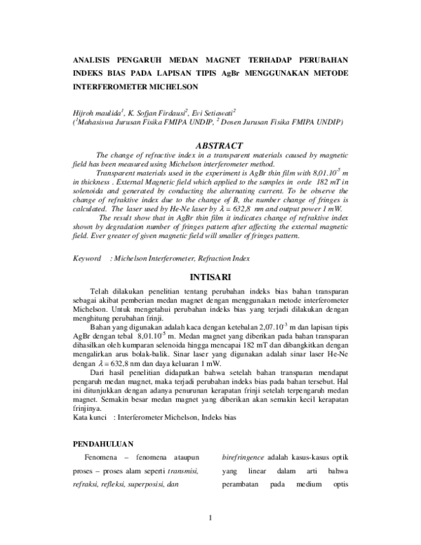 (PDF) ANALISIS PENGARUH MEDAN MAGNET TERHADAP PERUBAHANINDEKS BIAS PADA LAPISAN TIPIS AgBr ...