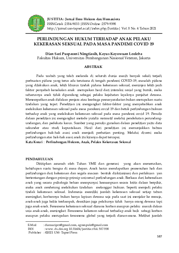 (PDF) Perlindungan Hukum Terhadap Anak Pelaku Kekerasan Seksual Pada Masa Covid 19