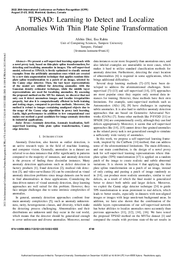(PDF) TPSAD: Learning to Detect and Localize Anomalies With Thin Plate Spline Transformation