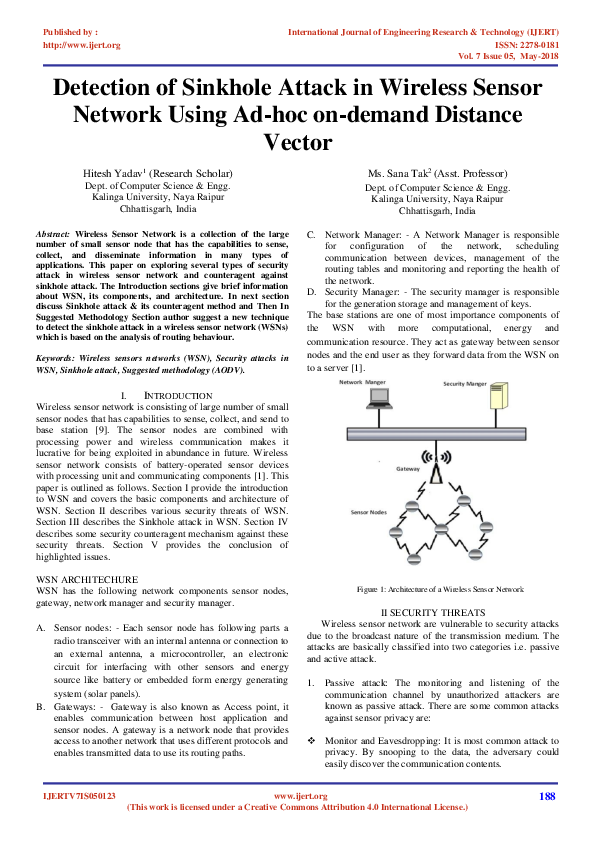 (PDF) Detection of Sinkhole Attack in Wireless Sensor Network Using Ad-hoc on-demand Distance Vector