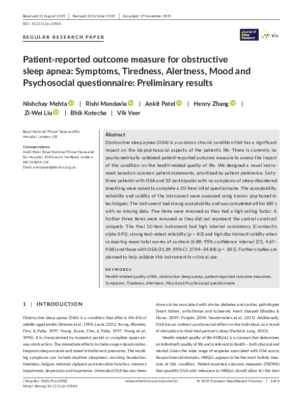 (PDF) Patient‐reported outcome measure for obstructive sleep apnea ...