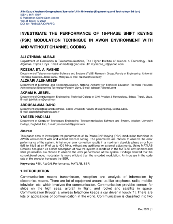 (PDF) INVESTIGATE THE PERFORMANCE OF 16-PHASE SHIFT KEYING (PSK) MODULATION TECHNIQUE IN AWGN ...