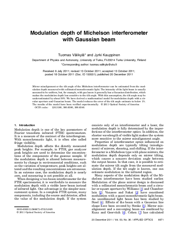 (PDF) Modulation depth of Michelson interferometer with Gaussian beam