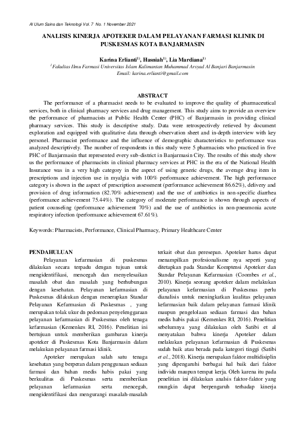 (PDF) Analisis Kinerja Apoteker Dalam Pelayanan Farmasi Klinik di Puskesmas Kota Banjarmasin
